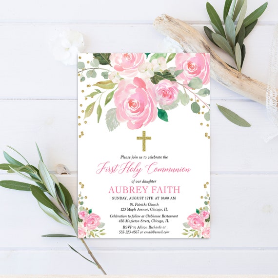 First Holy Communion Girl Invitations Floral Blush Pink Gold - Etsy