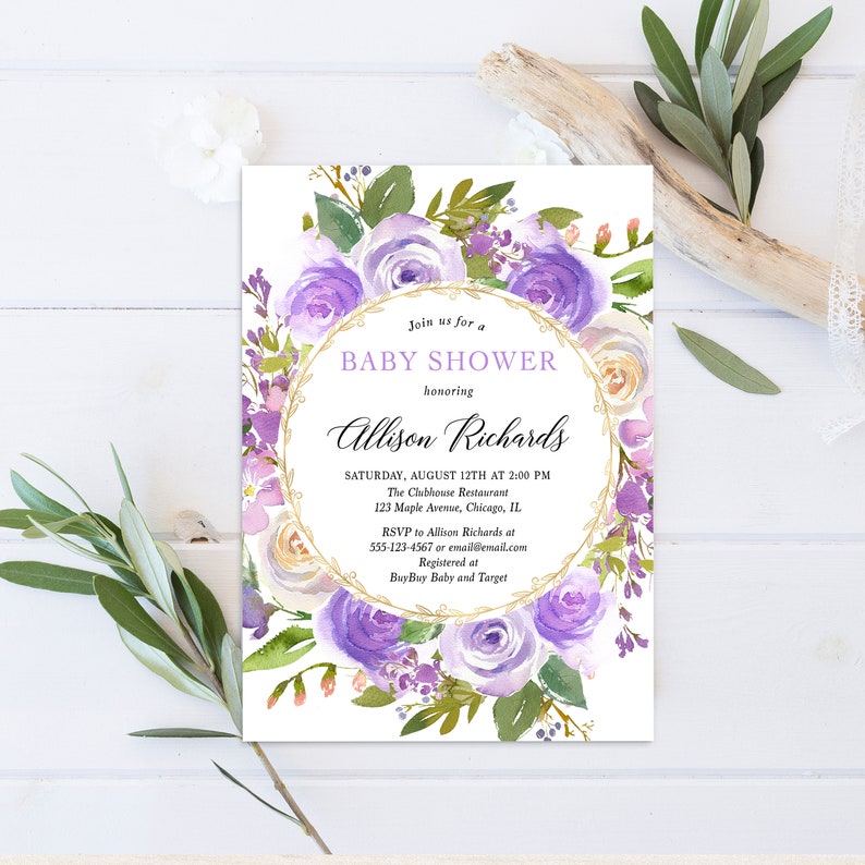 Purple Baby Shower Invitation Girl Floral Baby Sprinkle | Etsy