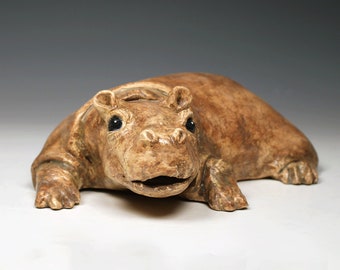 Ceramic Hippo Taupe Tan and Brown Ceramic Resting Hippo | Etsy