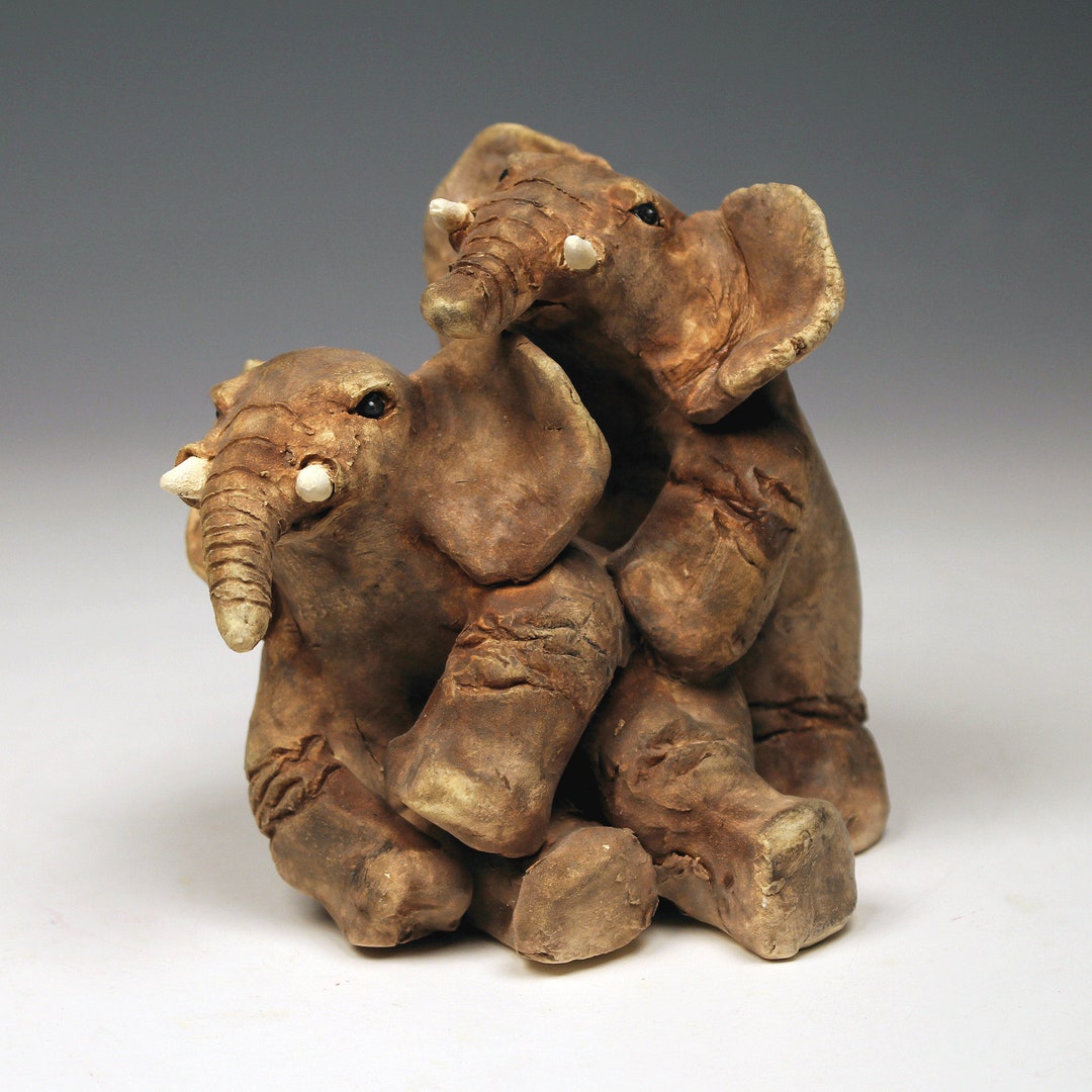 Two Playful Ceramic Elephants Sculpture, Intricate Handmade Small ...