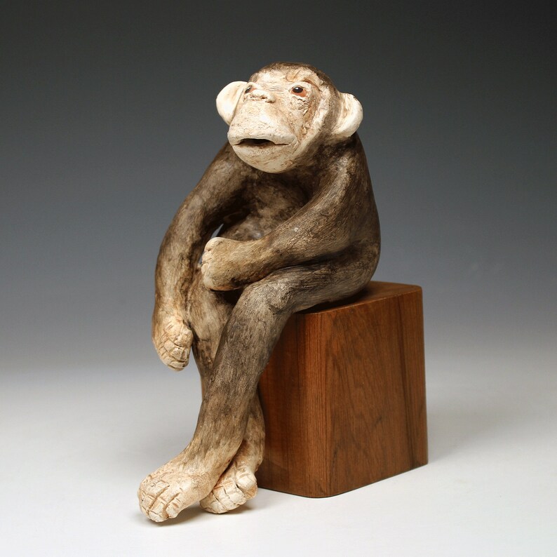 Ceramic Chimp Sculpture Unique Taupe And Brown Ceramic Chimp Sitting