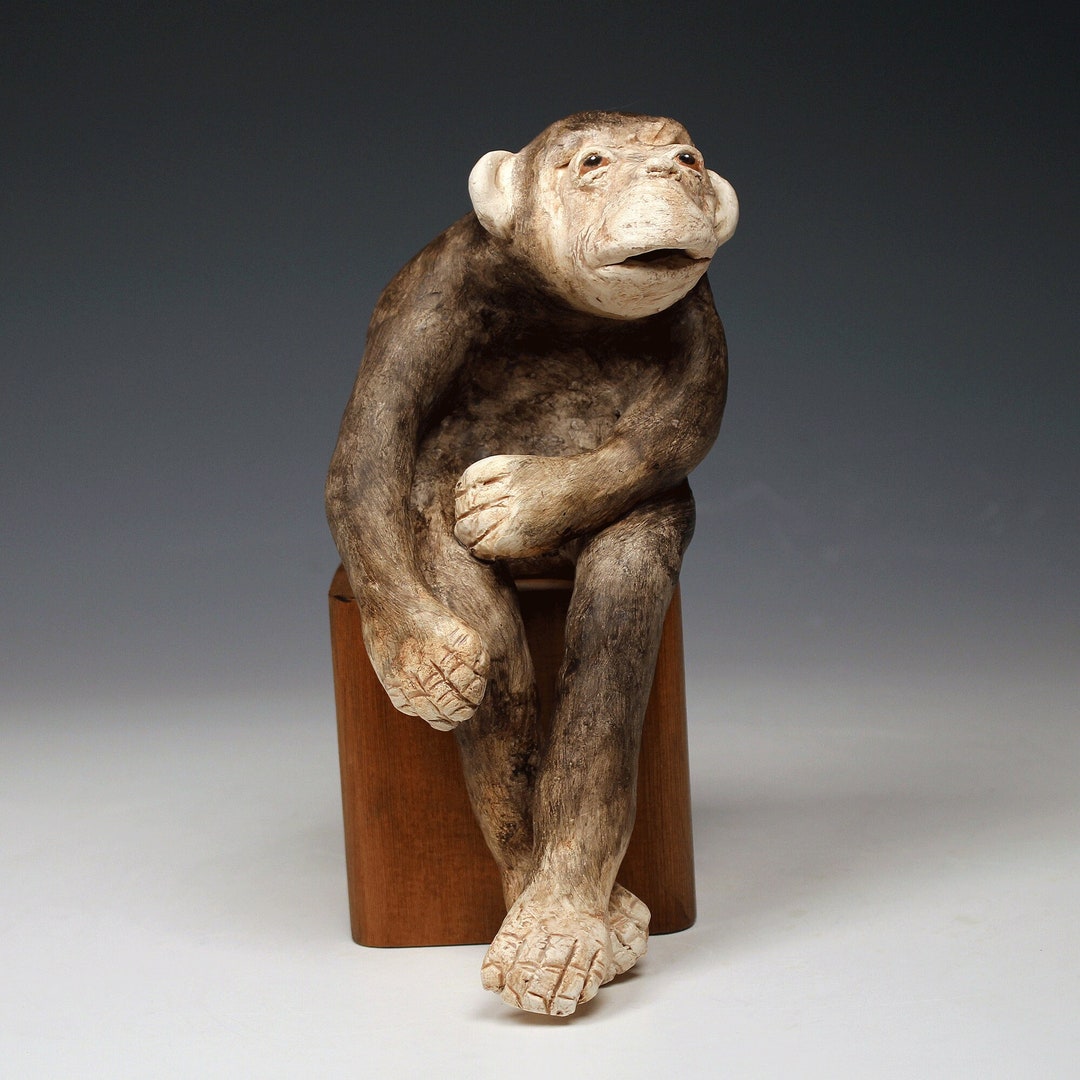 Ceramic Chimp Sculpture, Unique Taupe and Brown Ceramic Chimp Sitting ...