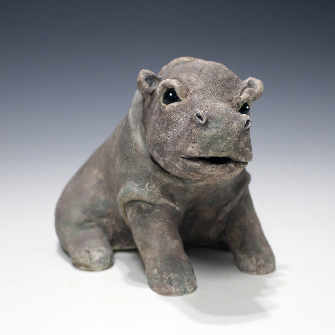 Ceramic Sitting Hippo Sculpture, One of a Kind, Handcrafted Fired Clay ...