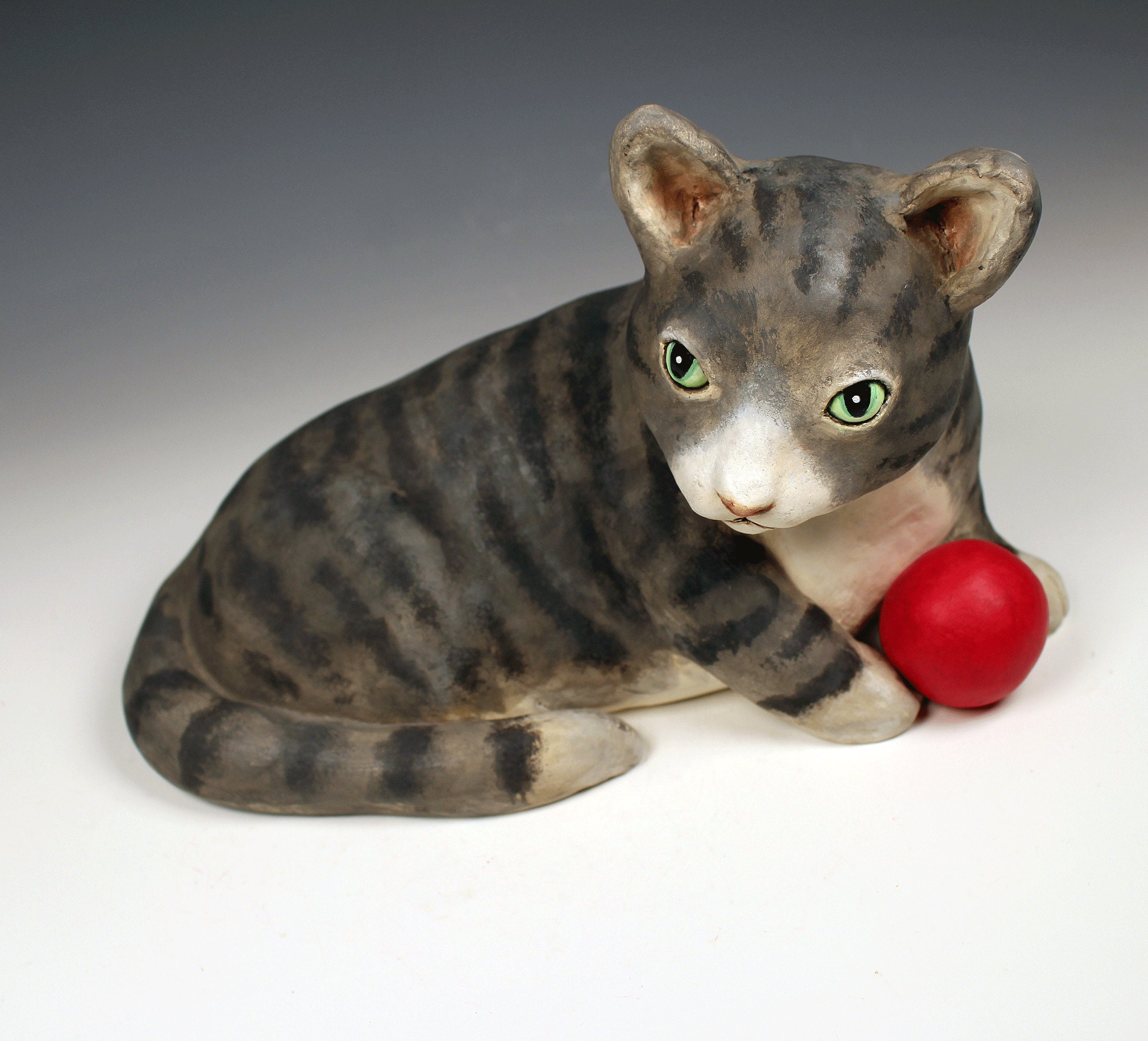Lifelike Ceramic Tabby Cat With Red Ball Sculpture - Etsy