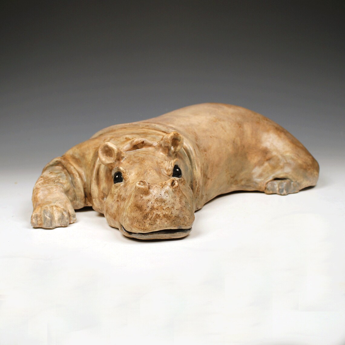 Ceramic Hippo, Taupe, Tan and Brown Ceramic Resting Hippo Sculpture ...