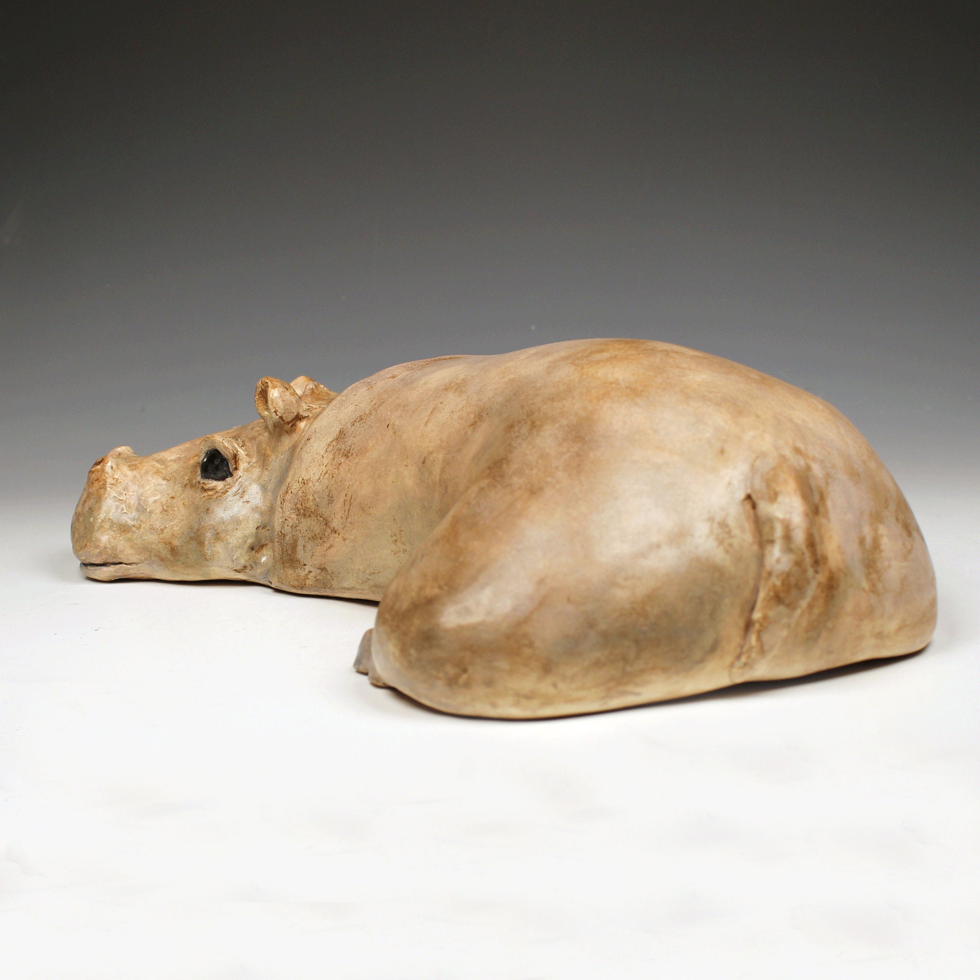 Ceramic Hippo, Taupe, Tan and Brown Ceramic Resting Hippo Sculpture ...