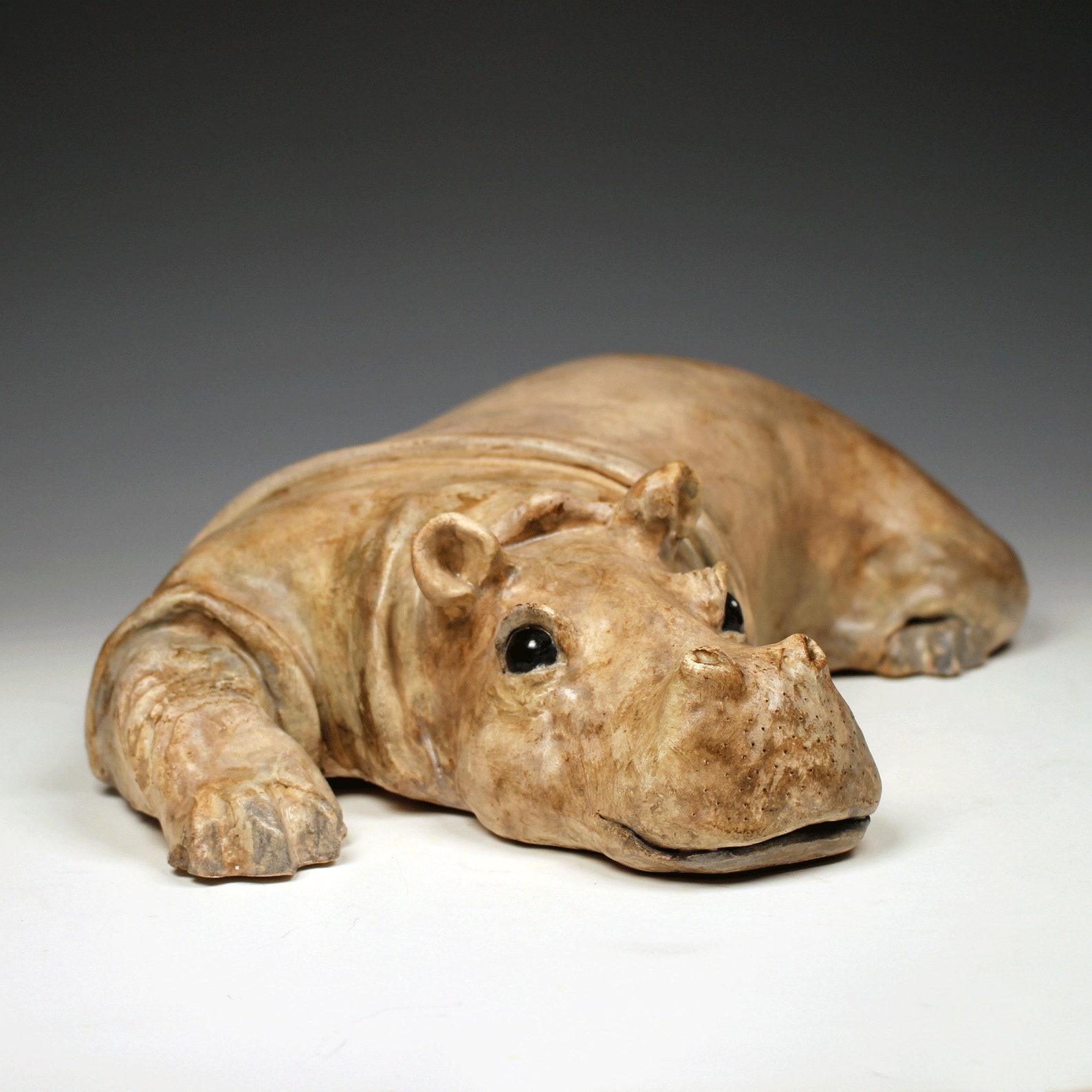 Ceramic Hippo, Taupe, Tan and Brown Ceramic Resting Hippo Sculpture ...