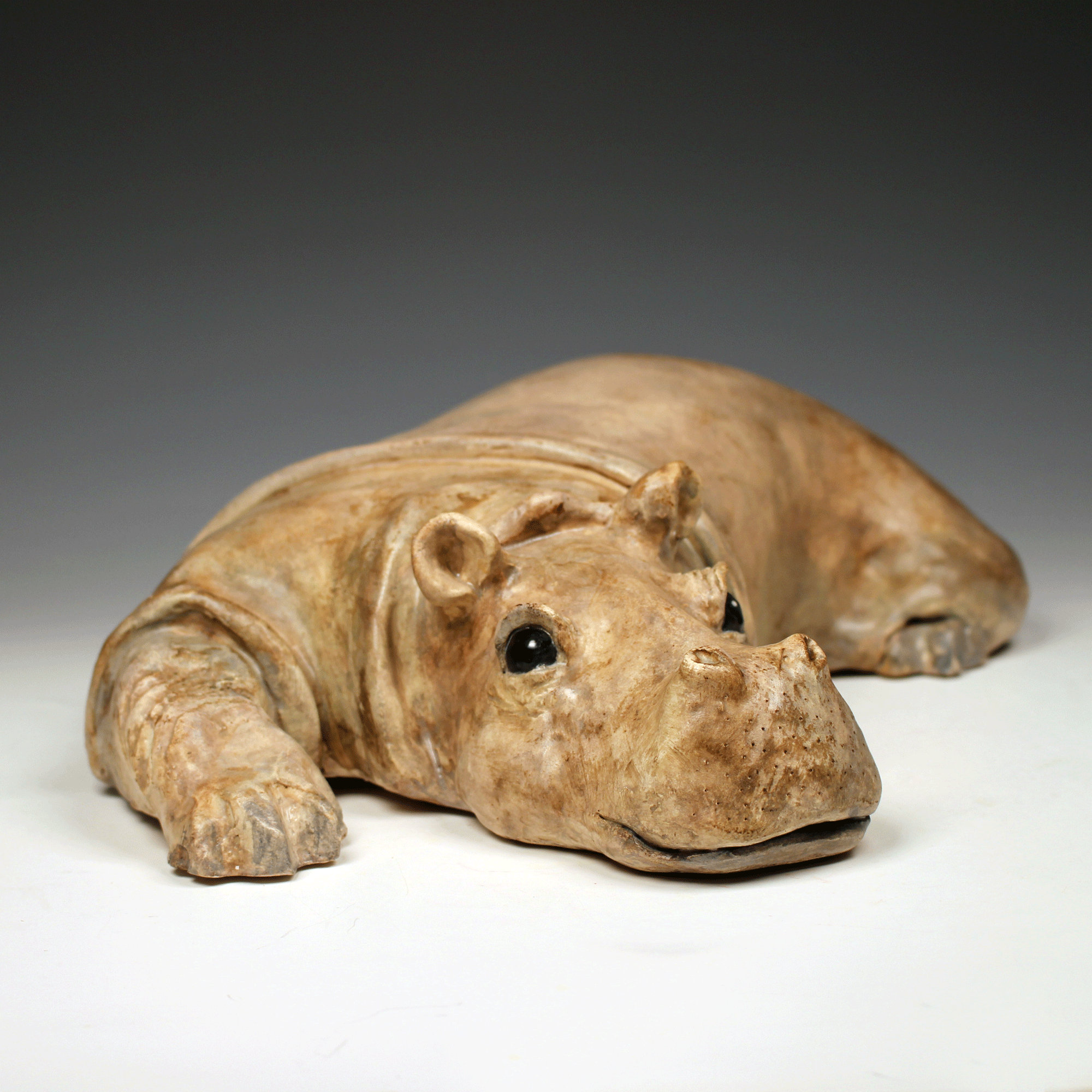 Ceramic Hippo, Taupe, Tan and Brown Ceramic Resting Hippo Sculpture ...