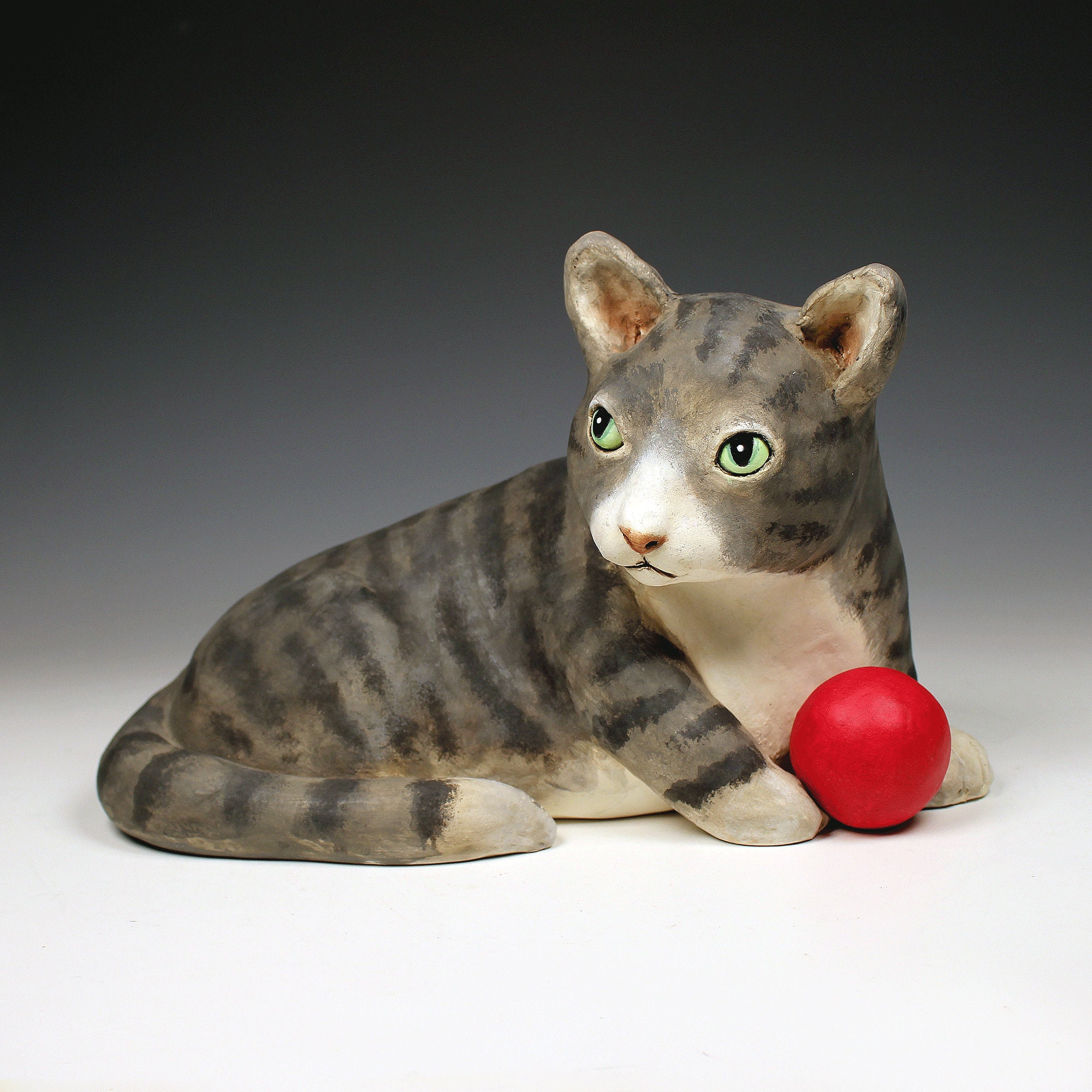 Lifelike Ceramic Tabby Cat With Red Ball Sculpture - Etsy