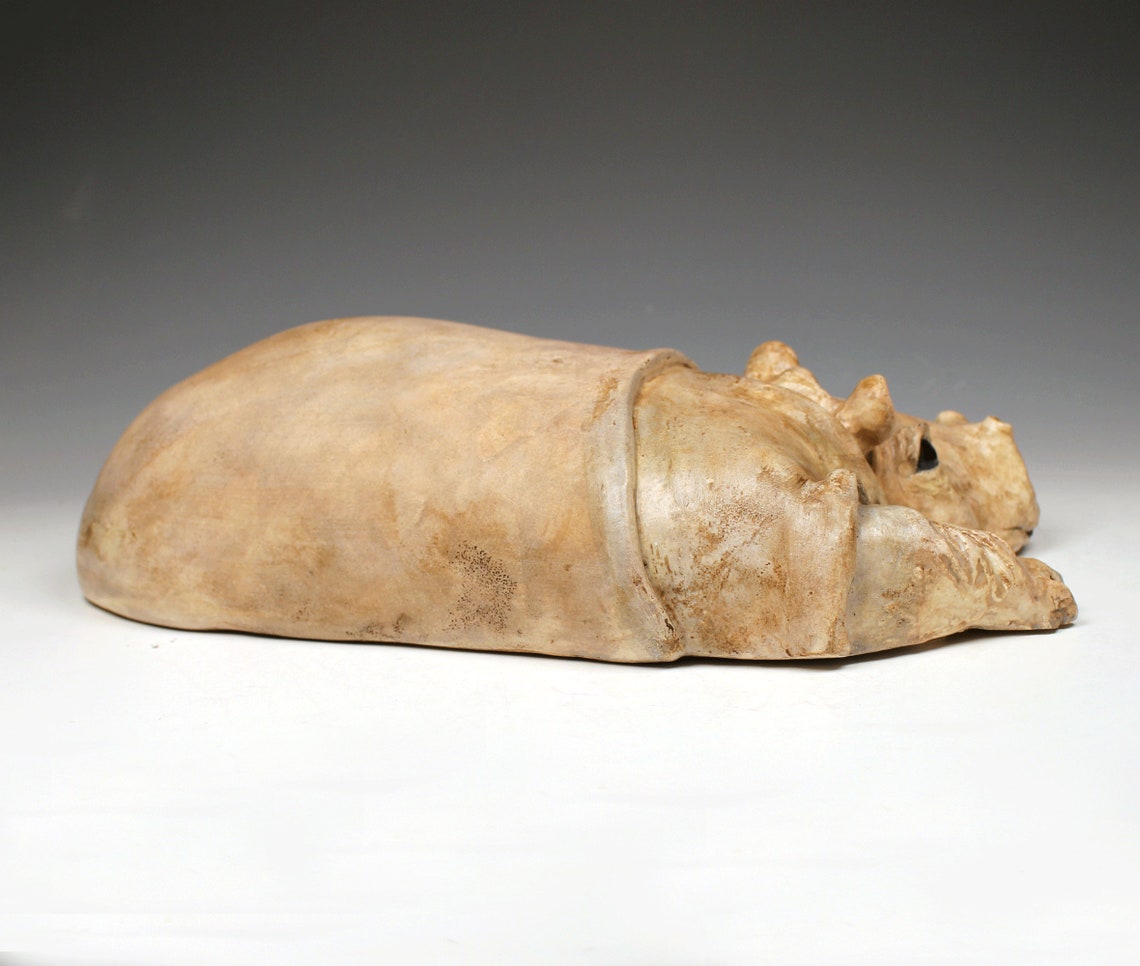 Ceramic Hippo, Taupe, Tan and Brown Ceramic Resting Hippo Sculpture ...