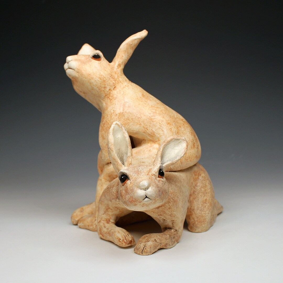 2 Playful Hares, Delightful and Anthropomorphic Ceramic Hare Sculpture ...