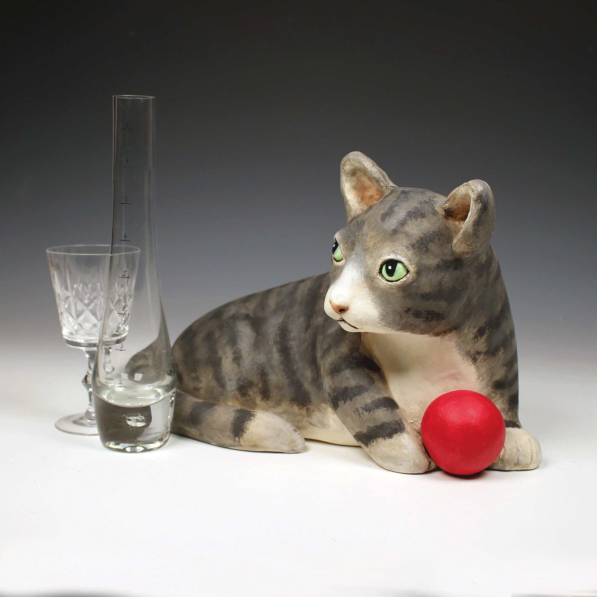 Lifelike Ceramic Tabby Cat With Red Ball Sculpture - Etsy
