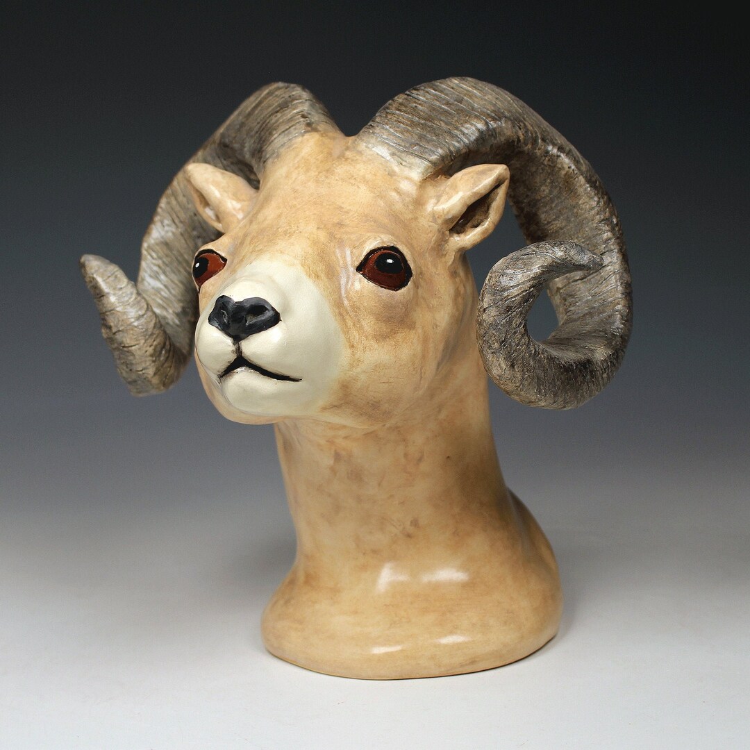Glazed Ceramic Ram Head Sculpture, Distiguish, Lifelike, Tan and Dark ...