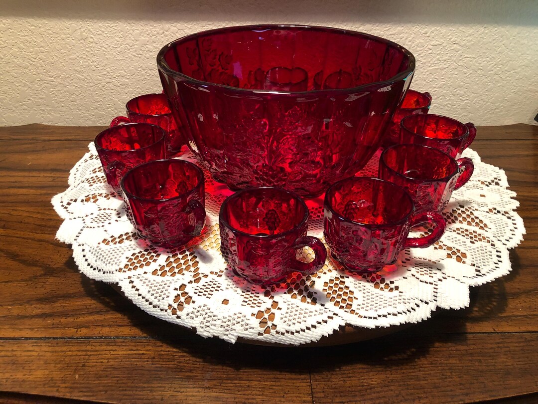 RED PUNCH BOWL, Red Glass Punch Bowl Set, Pedestal Punch Bowl W/11 Cups ...