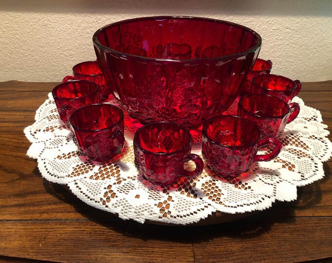 RED PUNCH BOWL, Red Glass Punch Bowl Set, Pedestal Punch Bowl W/11 Cups ...