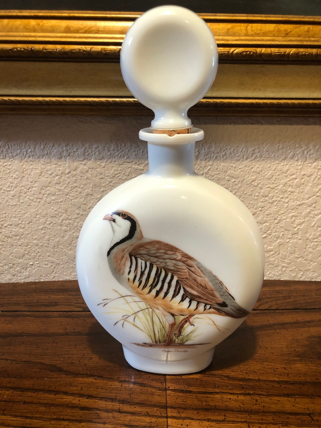 MILK GLASS DECANTER, Canadian Whiskey Decanter, Collectible Field Birds ...