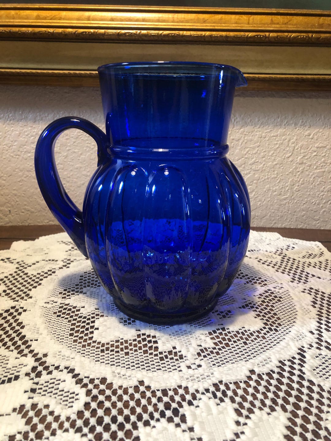COBALT BLUE PITCHER, Large Cobalt Blue Glass Pitcher, Large Cabbage ...