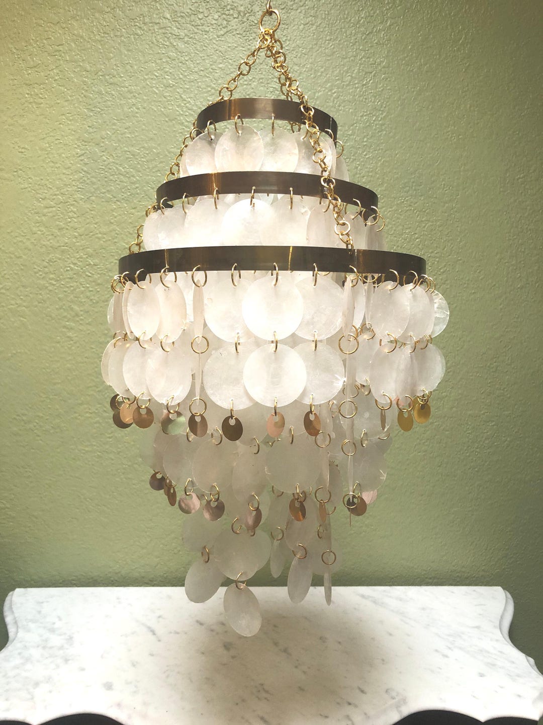 HANGING CAPIZ CHANDELIER, Three Tier Hanging Capiz Cascade, Three Ring ...