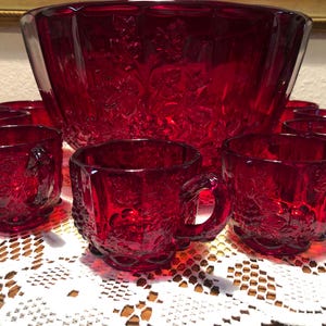RED PUNCH BOWL, Red Glass Punch Bowl Set, Pedestal Punch Bowl W/11 Cups ...
