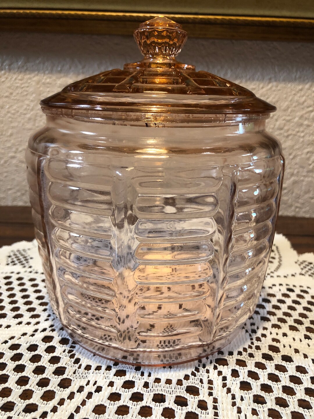 PINK GLASS COOKIE Jar, Pink Glass Lidded Jar, Press Pink Glass Cookie ...