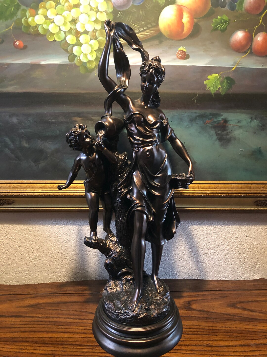 LADY BRONZE STATUE, Faux Bronze Lady & Cherub Statue, Molded Resin ...