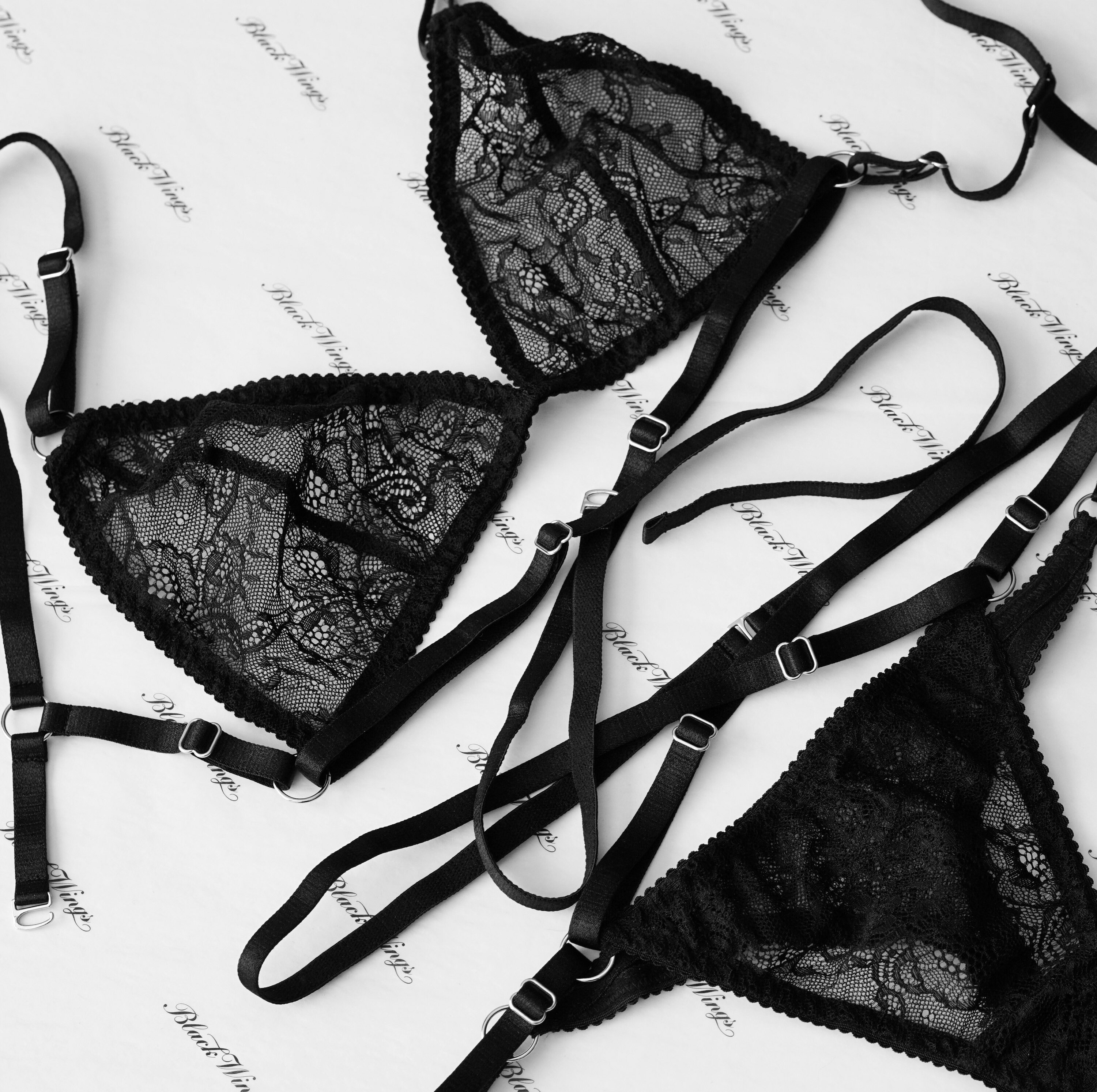 Cara Black Lace Set With Strappy Bralette And Thong Sexy Lingerie Set See Through Sheer
