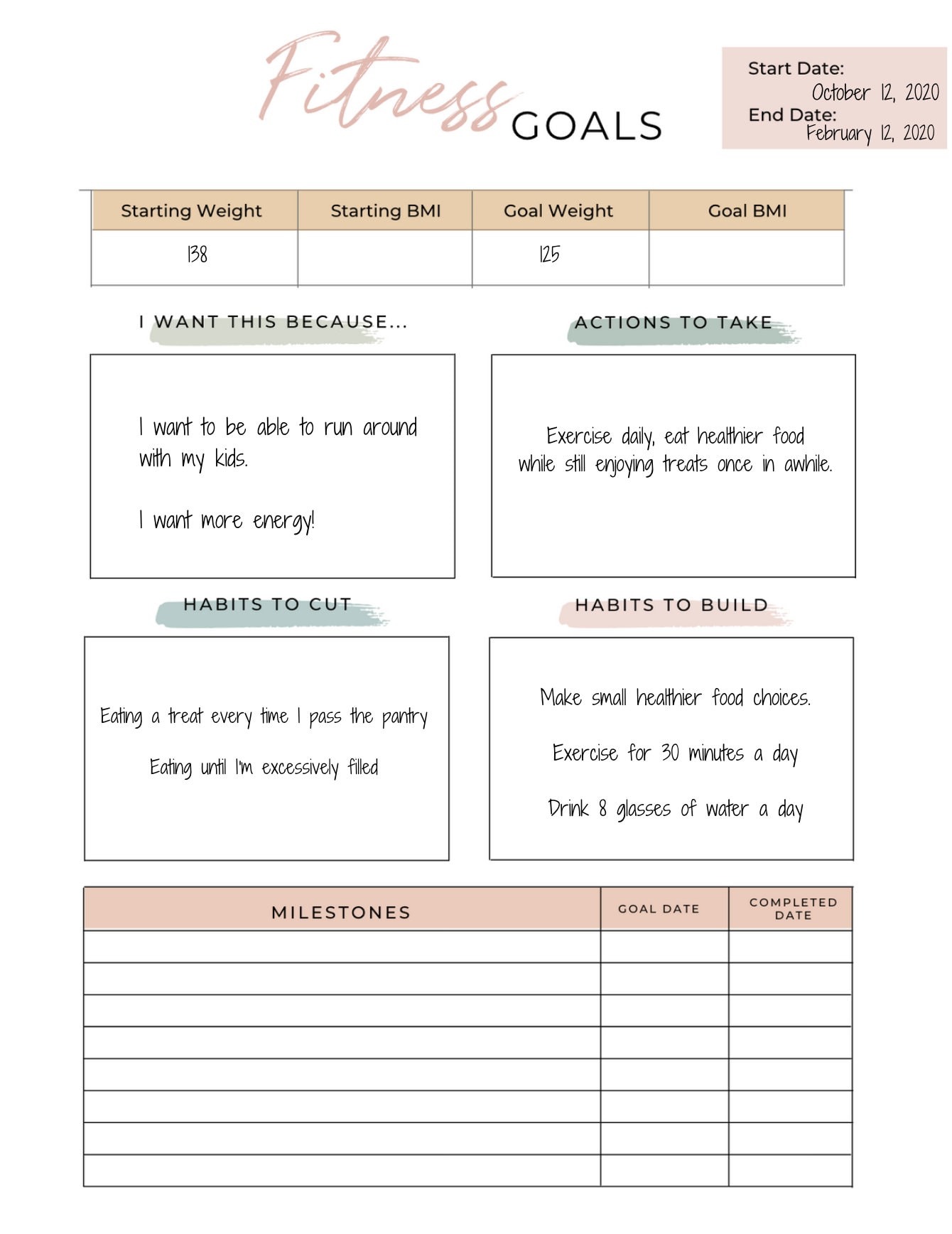 Fitness Goal Tracker Printable Fitness Planner Goal | Etsy