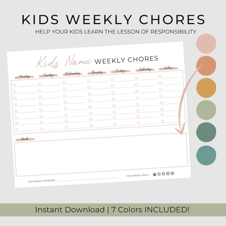 EDITABLE Kids Weekly Chore Chart Responsibility Chart - Etsy