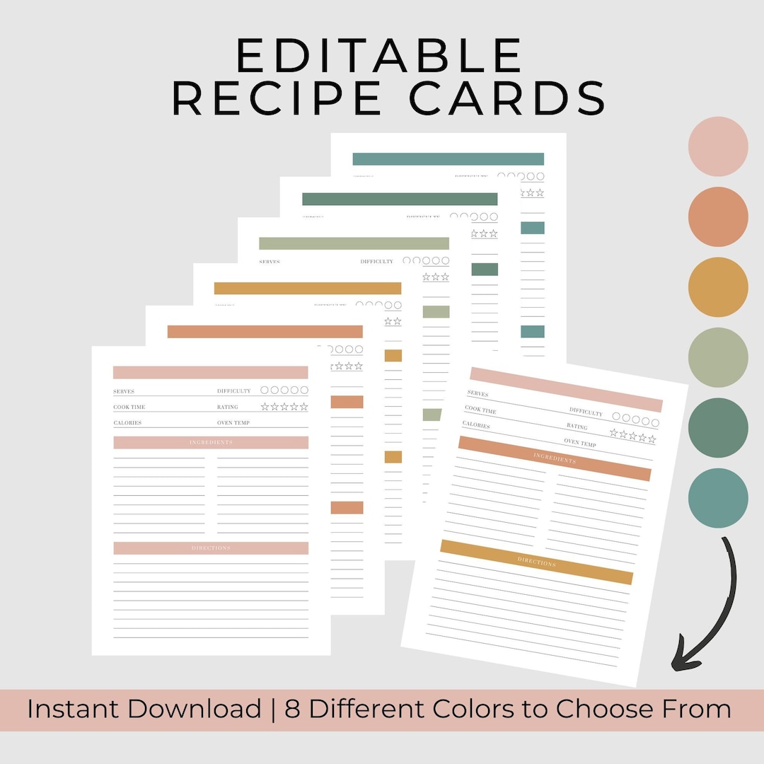 Editable Recipe Cards | Recipe Card Template | Letter Size - Etsy