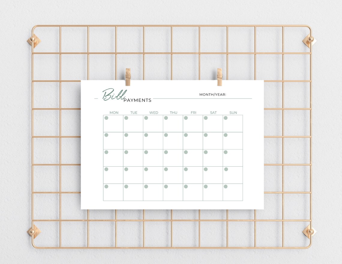 Bill Pay Calendar Bills Planner Printable Bills Calendar | Etsy