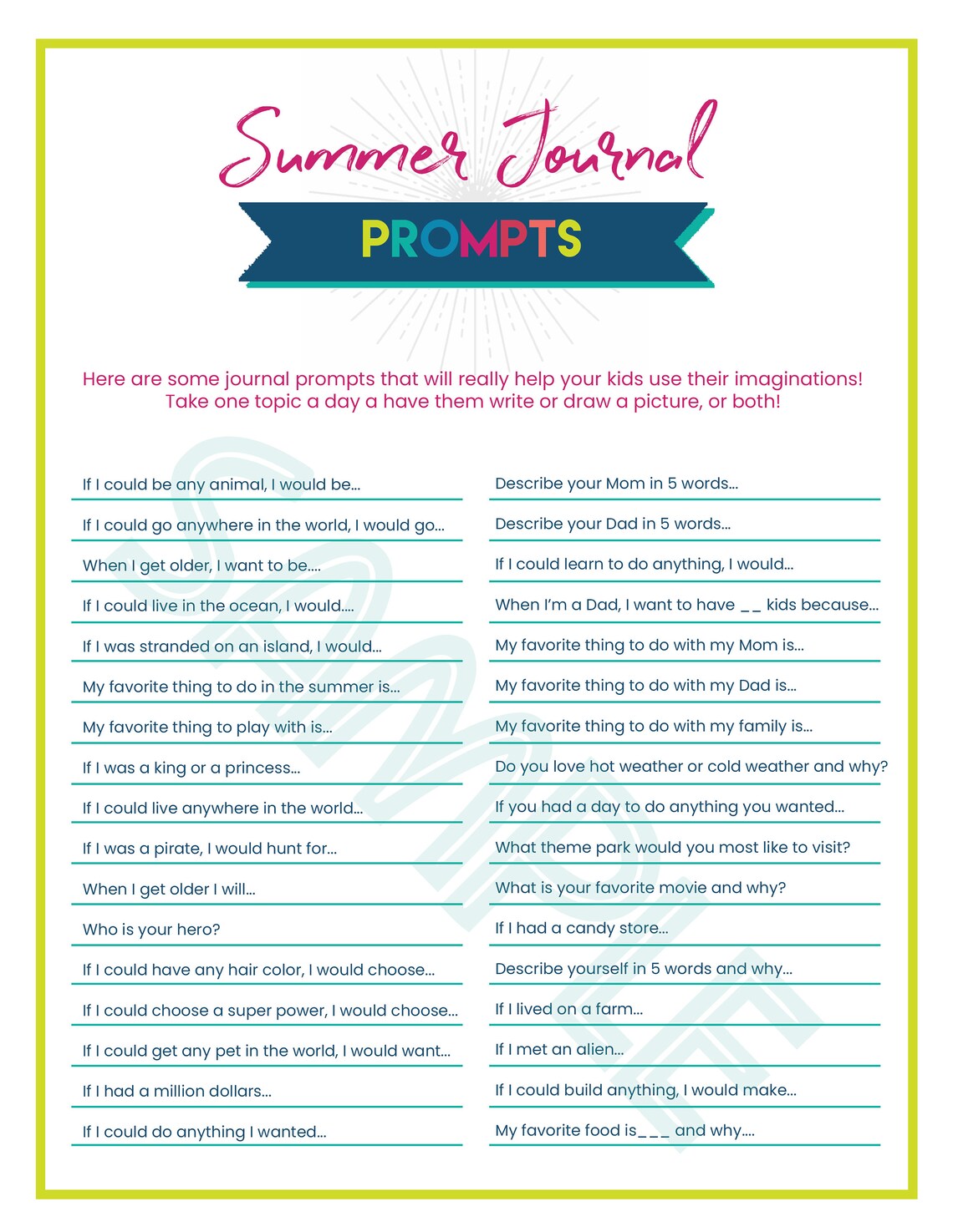 Kids Summer Homeschool Printable Bullet Journal Prompts Label | Etsy