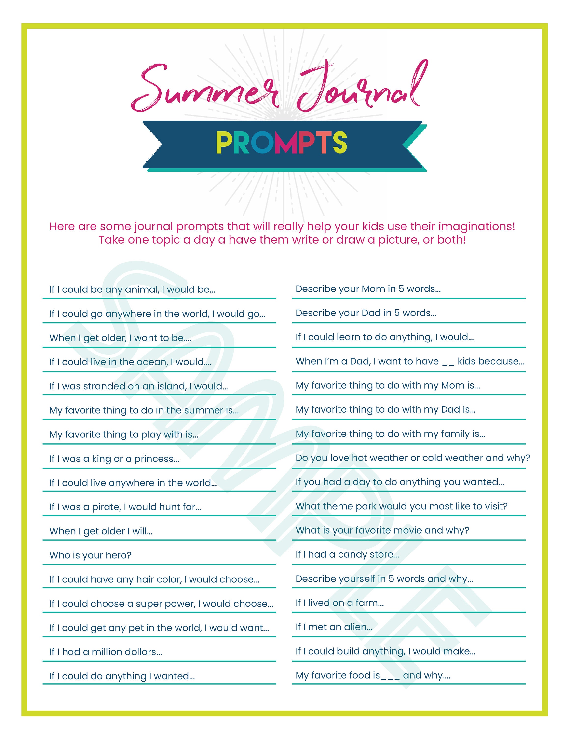 Kids Summer Homeschool Printable Bullet Journal Prompts Label | Etsy