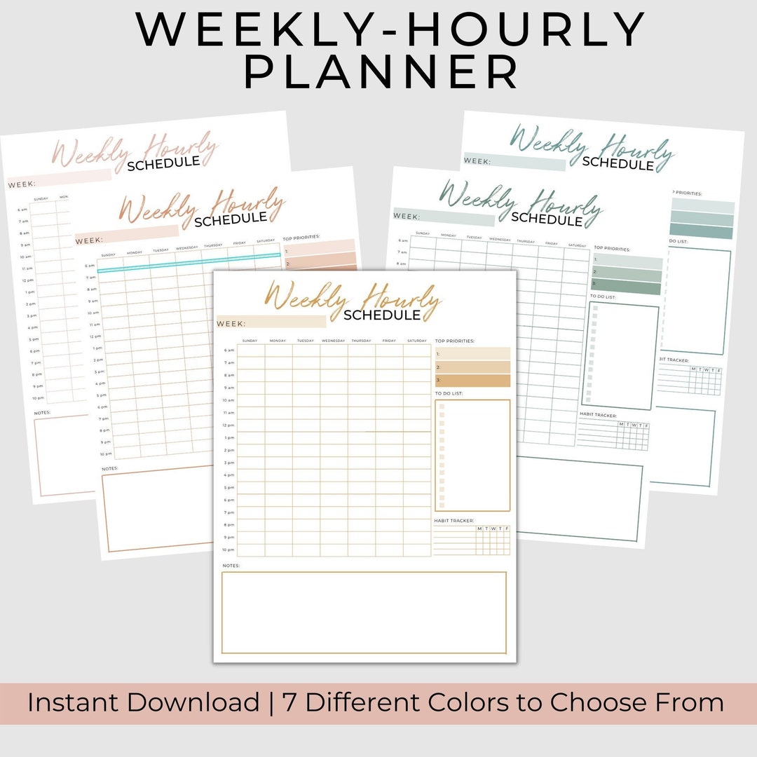 Weekly Hourly Undated Printable Calendar | Hourly Planner | Weekly ...