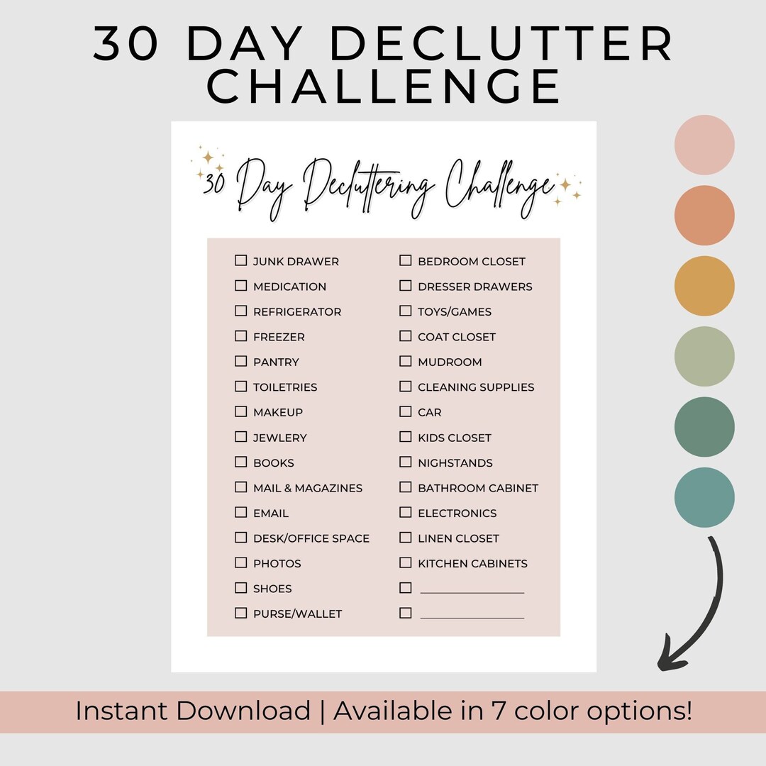30 Day Declutter Challenge Checklist | Printable Decluttering Checklist ...