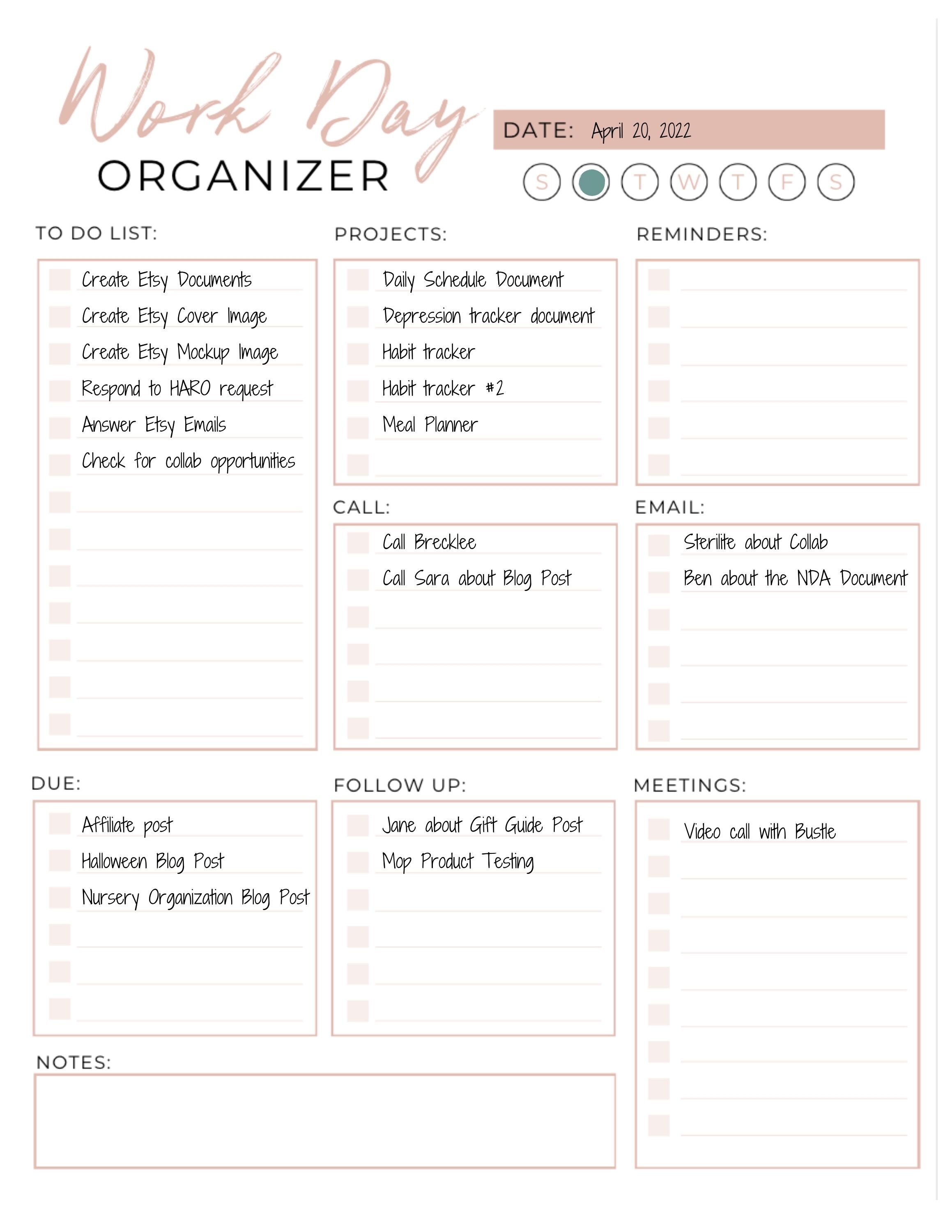 Work Planner Undated Printable Work Day Organizer Project | Etsy