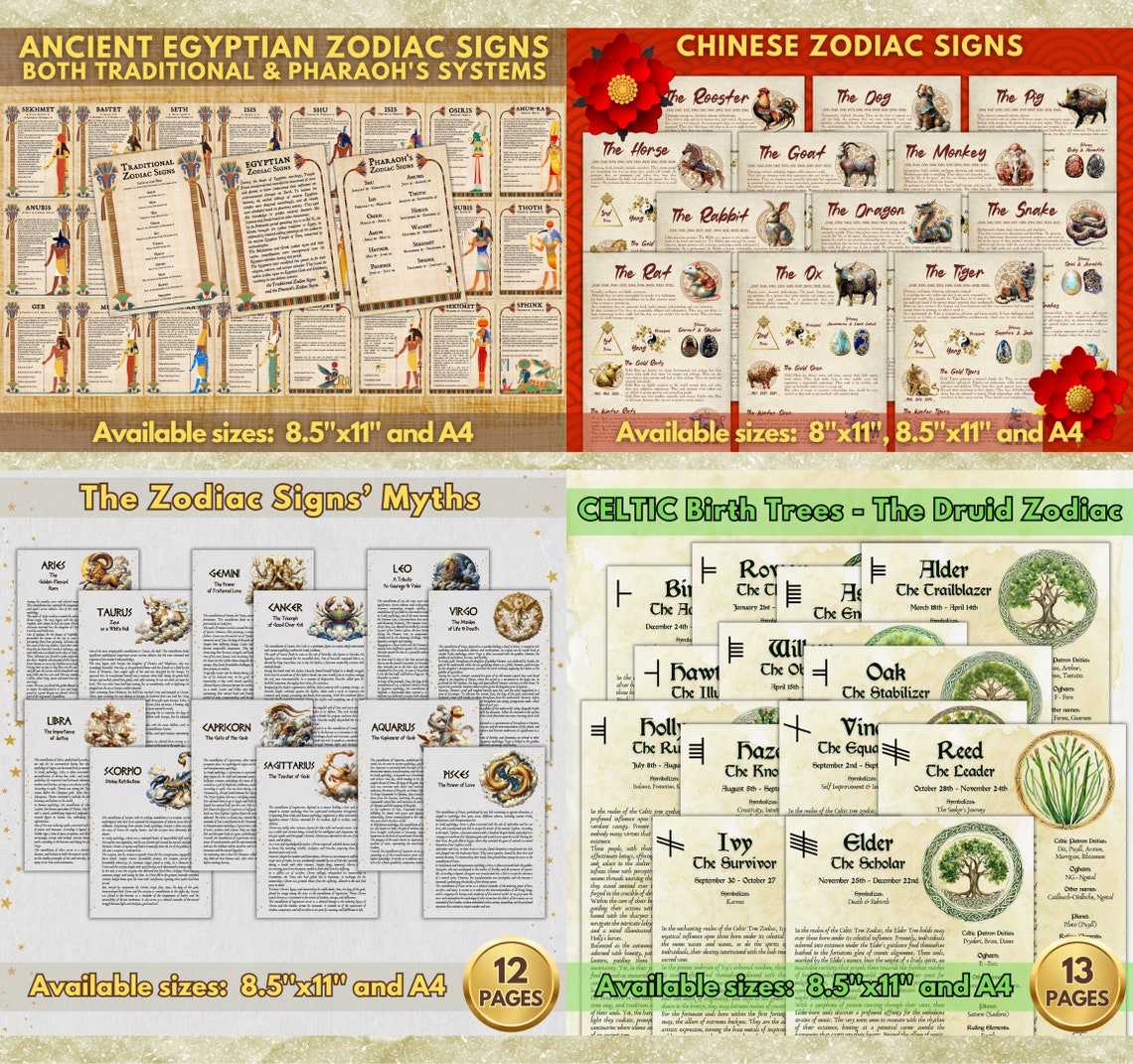 Zodiac and Birth Signs PACK Digital Printable Pages Sizes A4 & 8.5''x11 ...