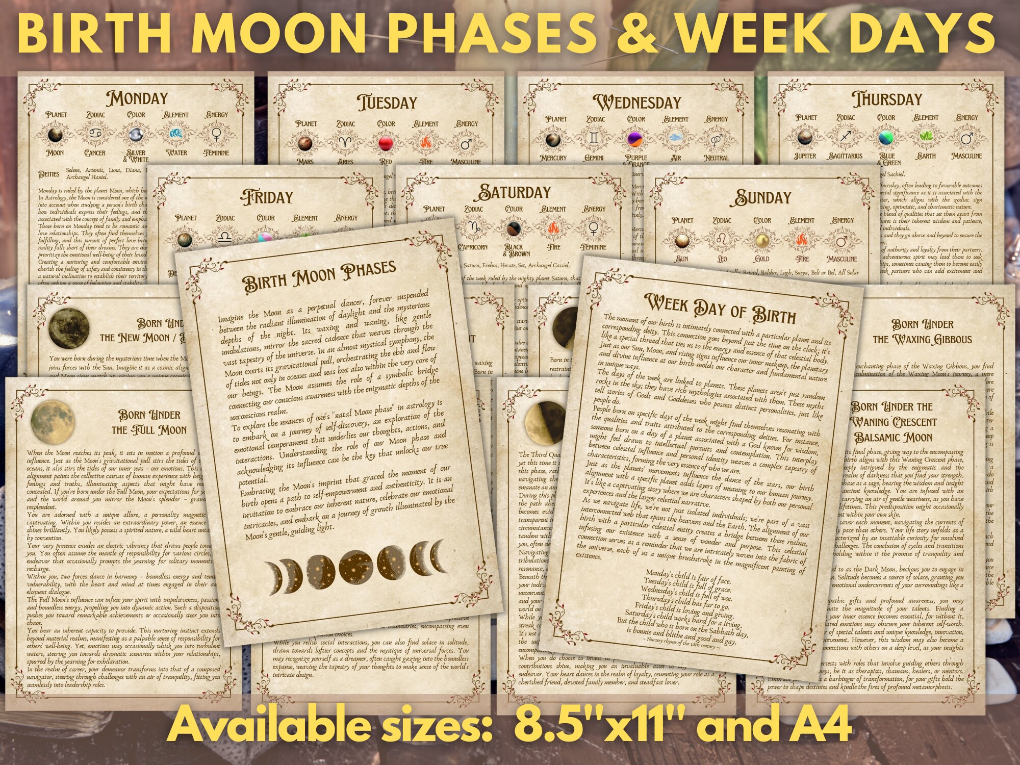 BIRTH MOON Phases and Week Days | Instant Digital Download Printable ...