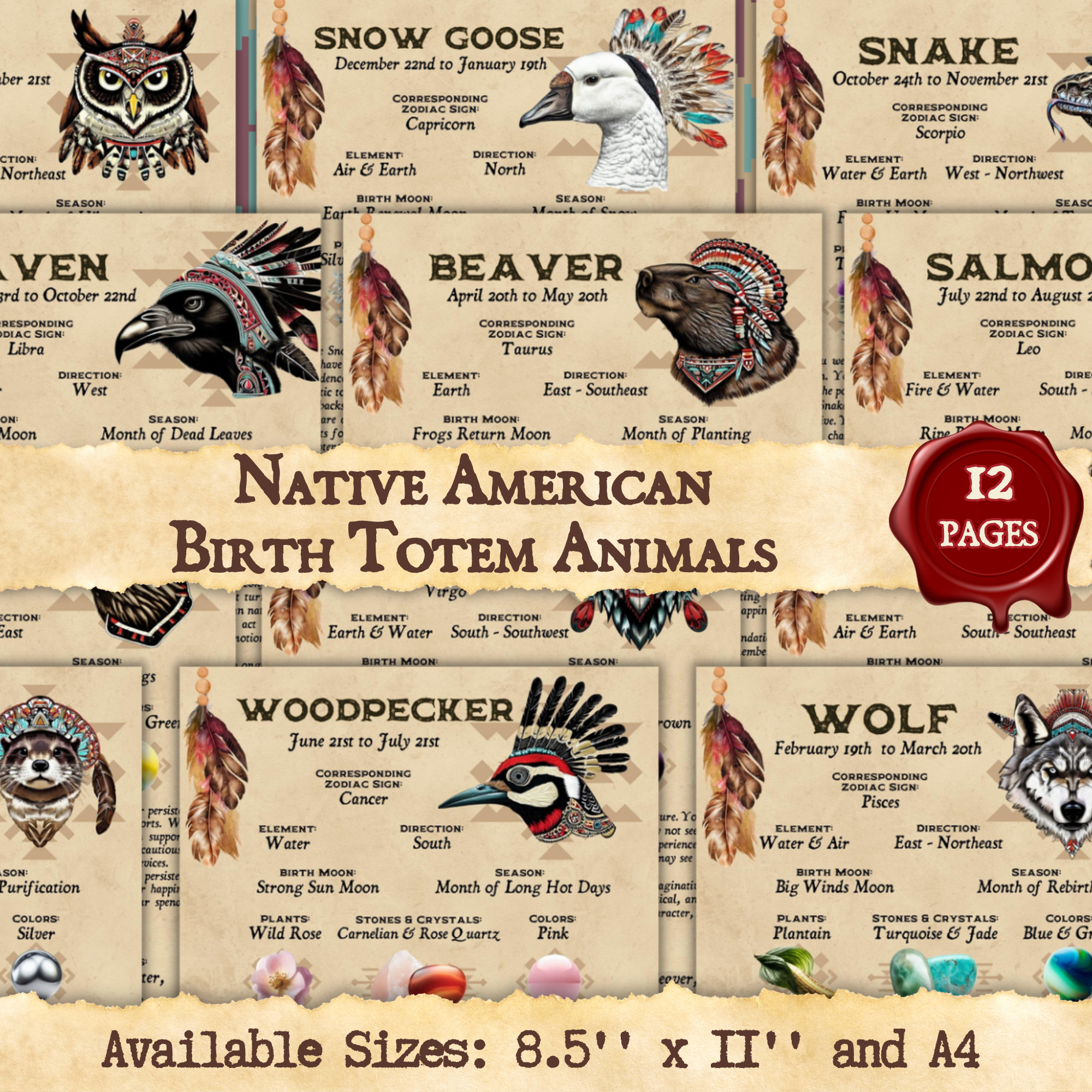 Native American Birth Totem Animals Instant Digital Download Printable ...