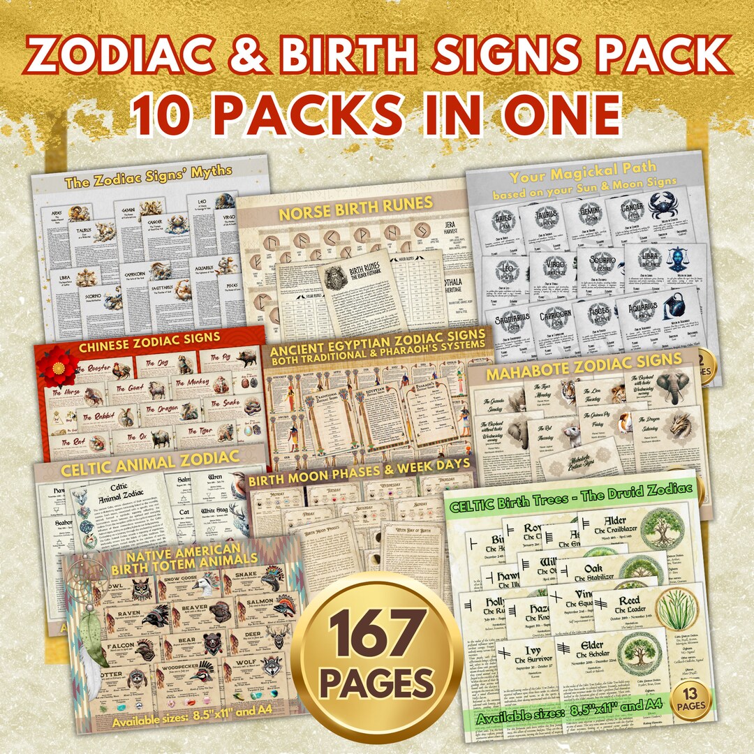Zodiac and Birth Signs PACK Digital Printable Pages Sizes A4 & 8.5''x11 ...