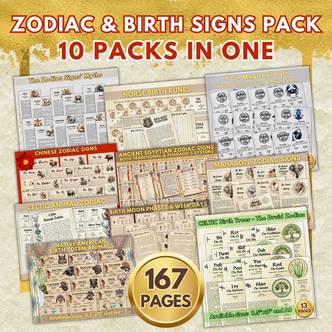 Zodiac and Birth Signs PACK Digital Printable Pages Sizes A4 & 8.5''x11 ...