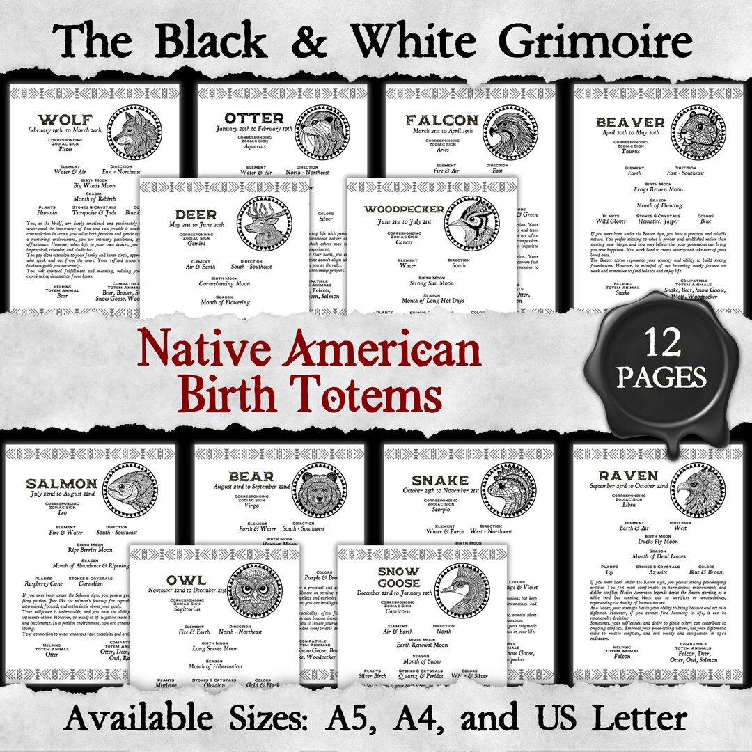 Native American BIRTH TOTEMS in Black and White | Digital Download ...