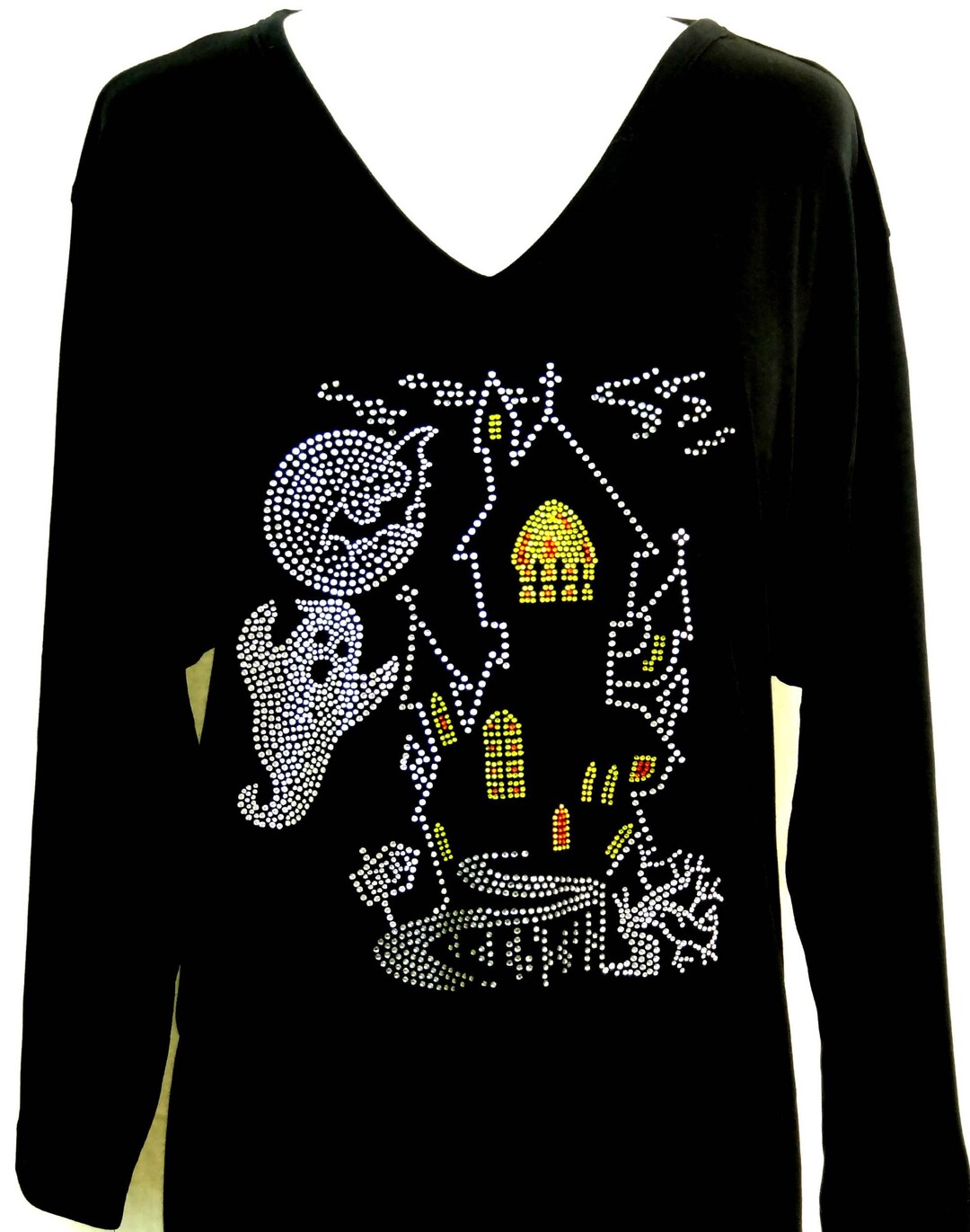 Halloween Haunted House Top Hand Embellished Rhinestone Ghostly Ghoul ...