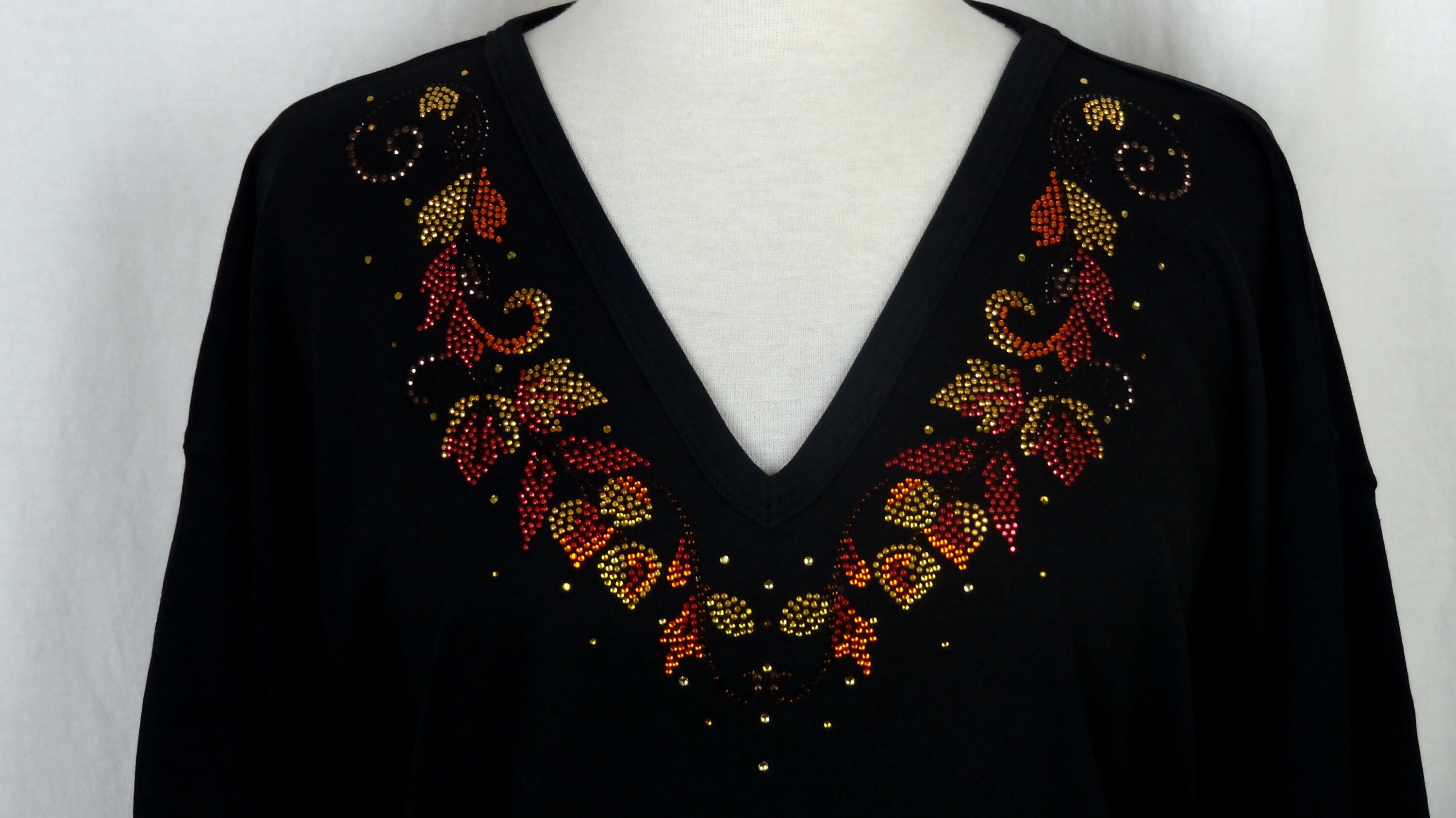 Embellished Rhinestone & Stud Autumn Leaves and Vines 3/4 Sleeve Knit ...