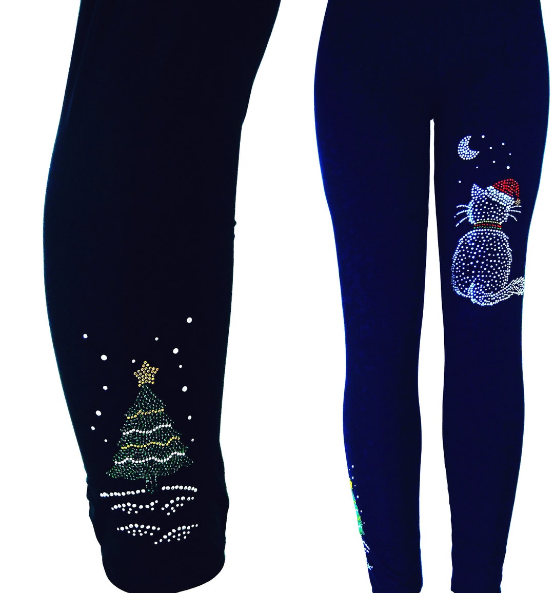 Regular One Size Full Length Leggings Embellished All Rhinestone Kitty Cat Moon Star And Christmas