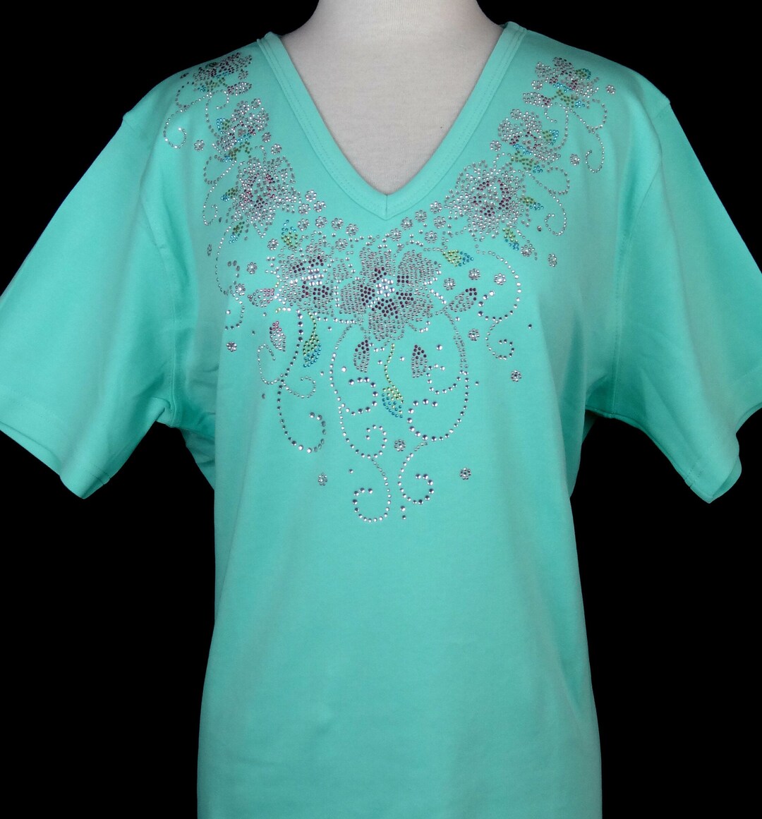 Rhinestone Embellished Cascading Pink Floral Short Sleeve Knit Top ...