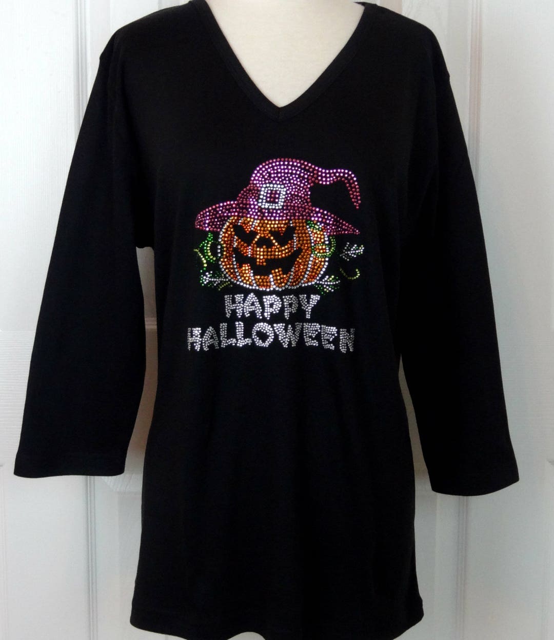 Happy Halloween Top Spooky Witch Hat Pumpkin Jack O'lantern Embellished ...