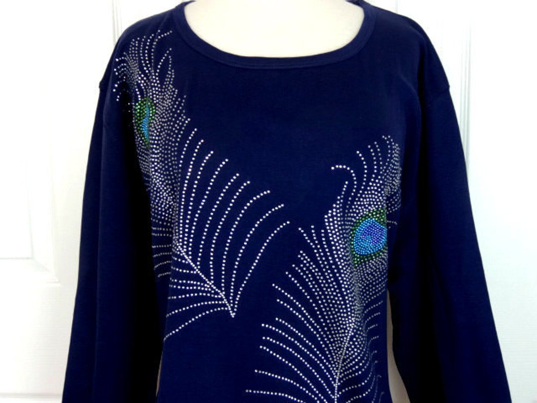 Hand Embellished Rhinestone Peacock Feathers 3/4 Sleeve Scoop Neck Knit ...