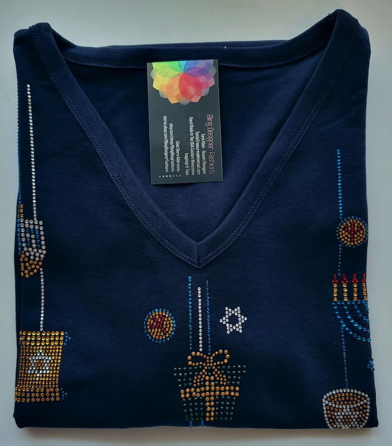 Hand Embellished All Rhinestone Hanukkah Inspired Design 3/4 Sleeve V ...