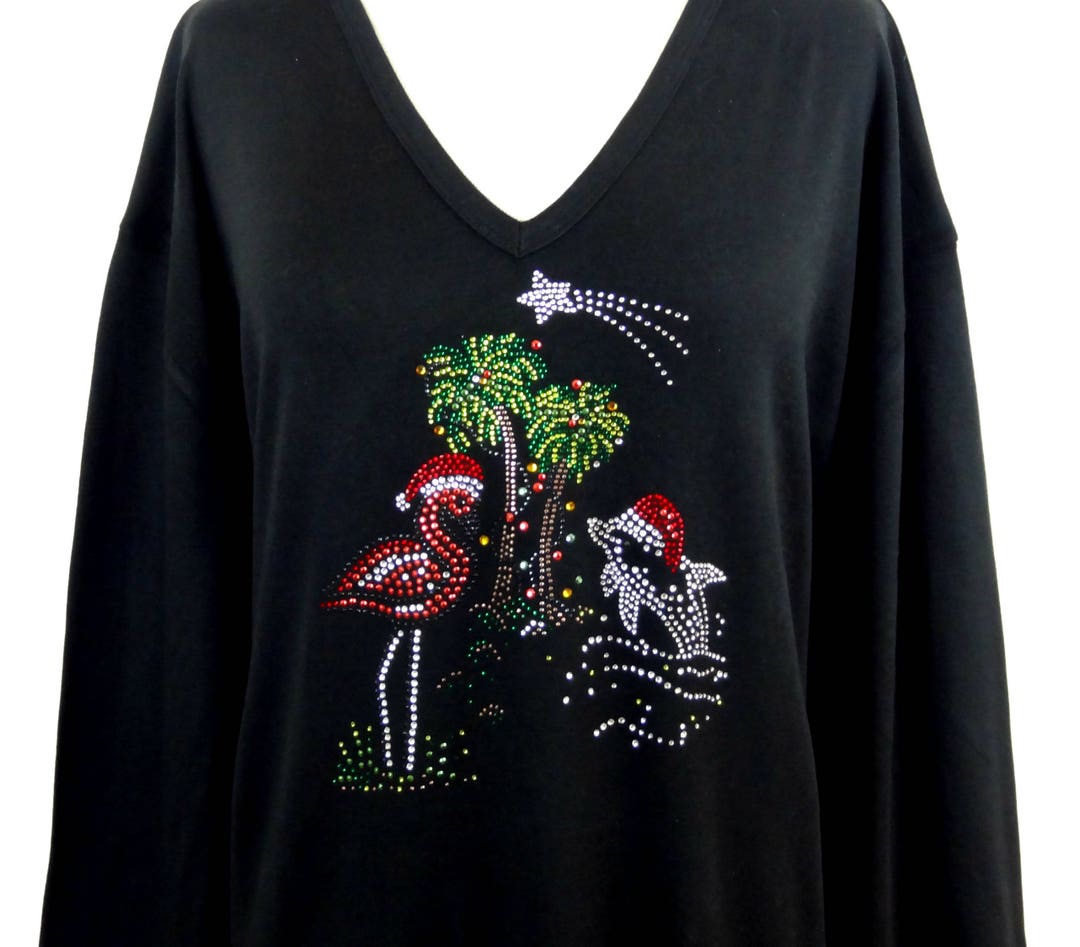 Hand Embellished Rhinestone Christmas Tropical Flamingo Palm Tree ...