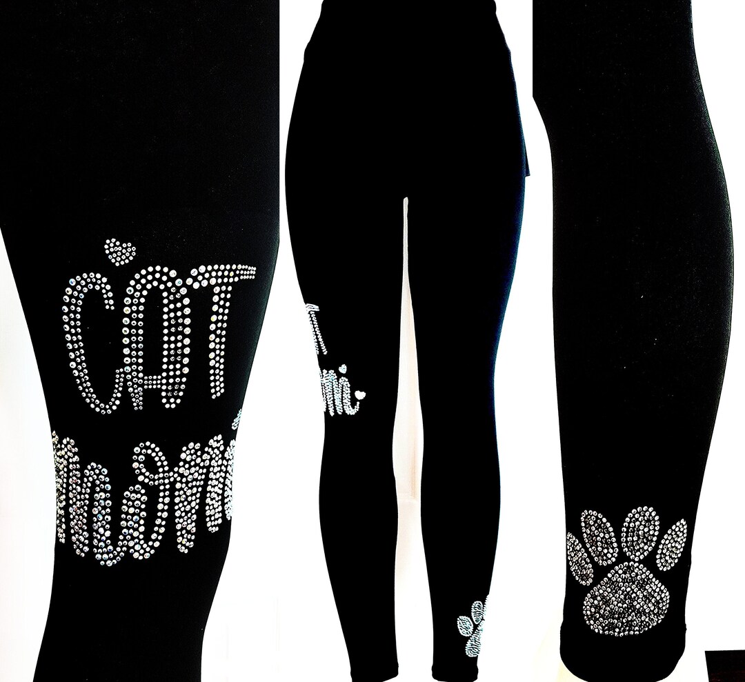 Regular Size Full Length Leggings Embellished Iridescent Ab And Crystal Rhinestone Cat Mom Paw